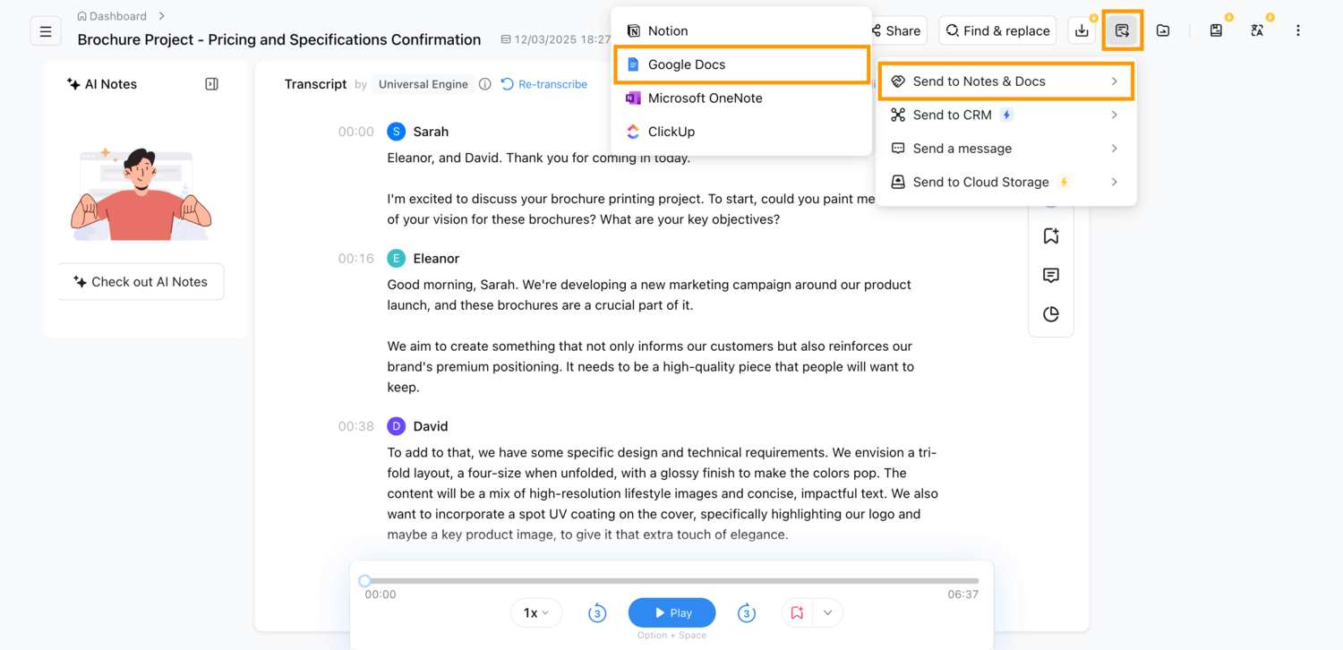 Send transcripts and AI Notes to Google Docs – Notta - Help Center