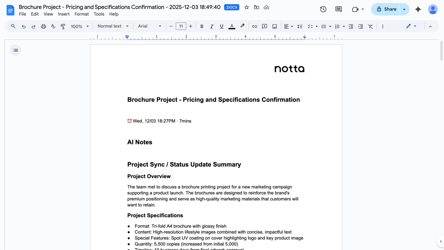 Send transcripts and AI Notes to Google Docs – Notta - Help Center