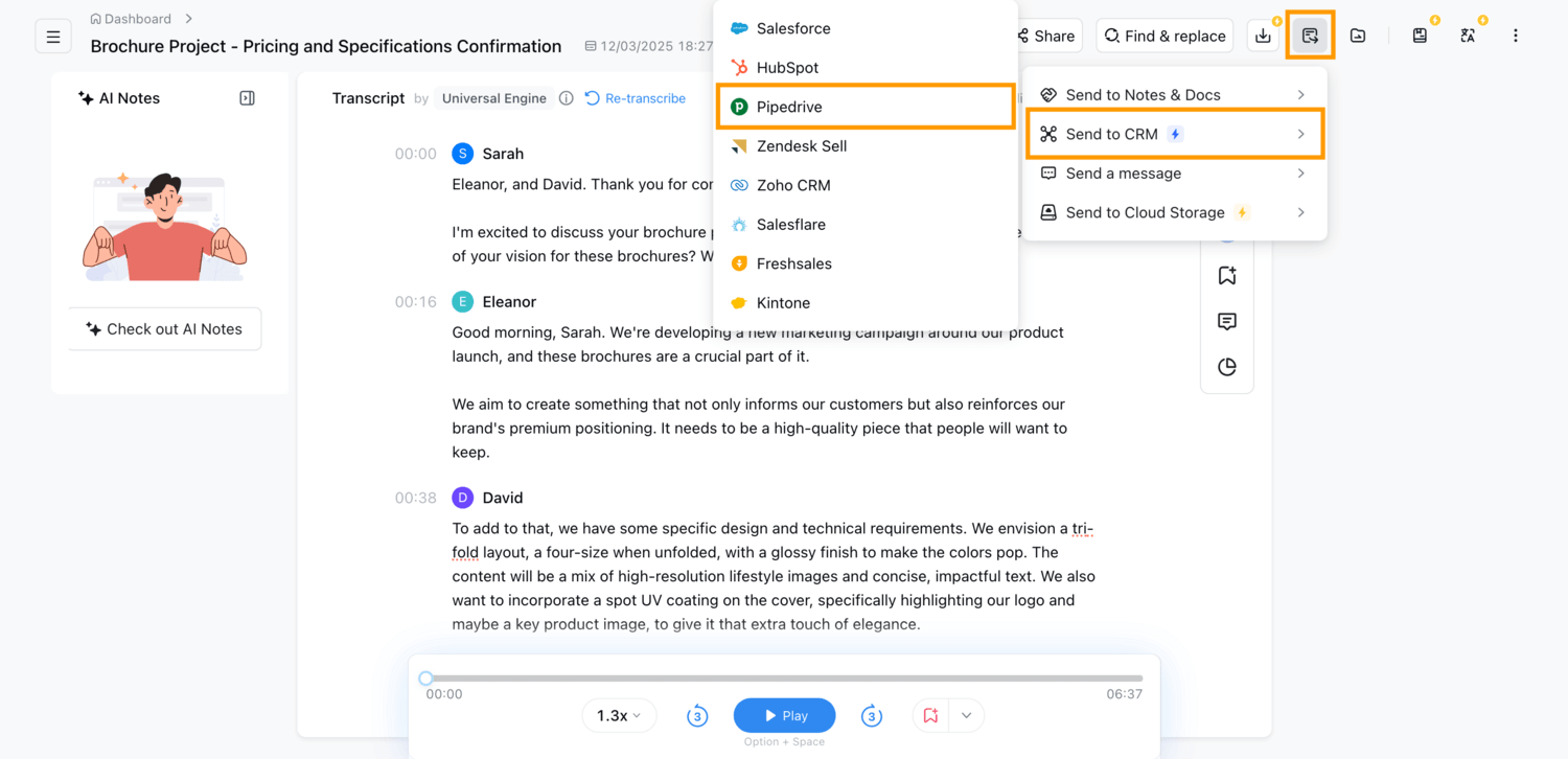 Send meeting info and AI Notes to Pipedrive – Notta - Help Center