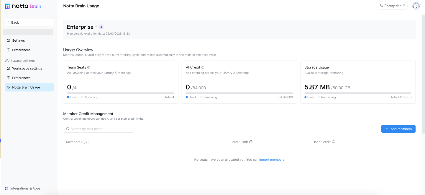 Manage Member Credits in Notta Brain – Notta - Help Center